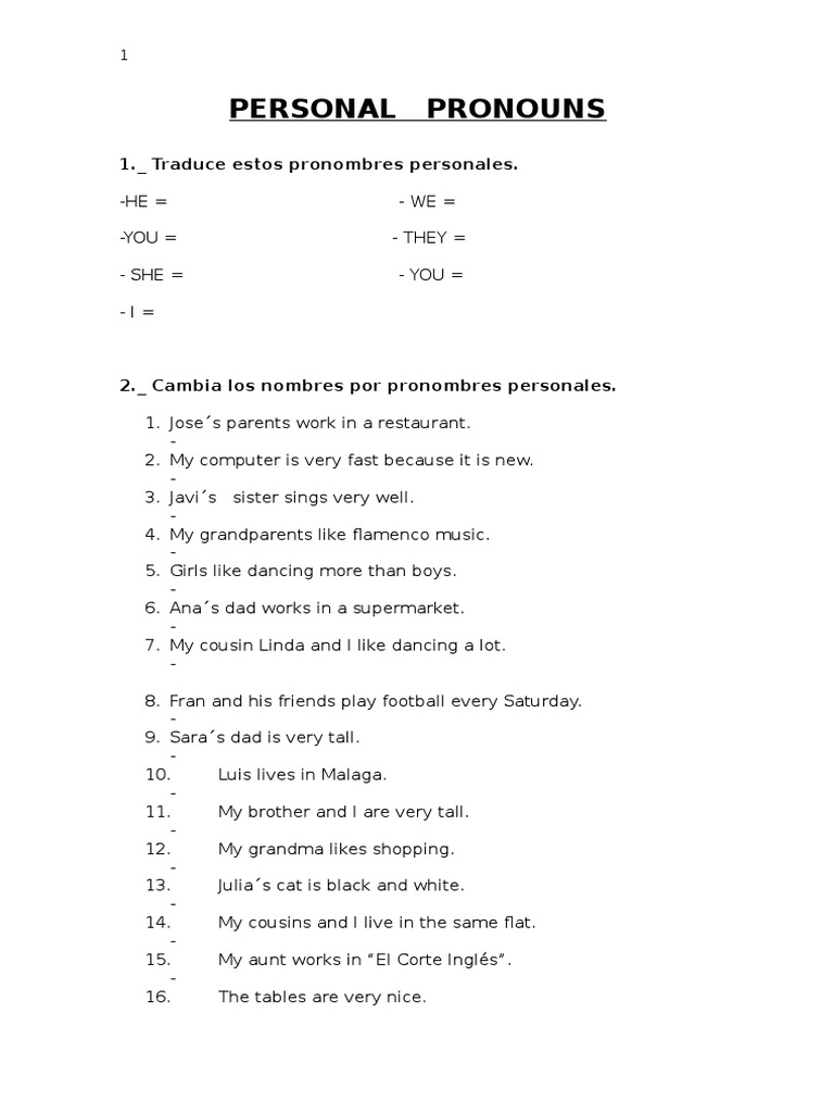 Personal Pronouns: 1. - Traduce Estos Pronombres Personales | PDF