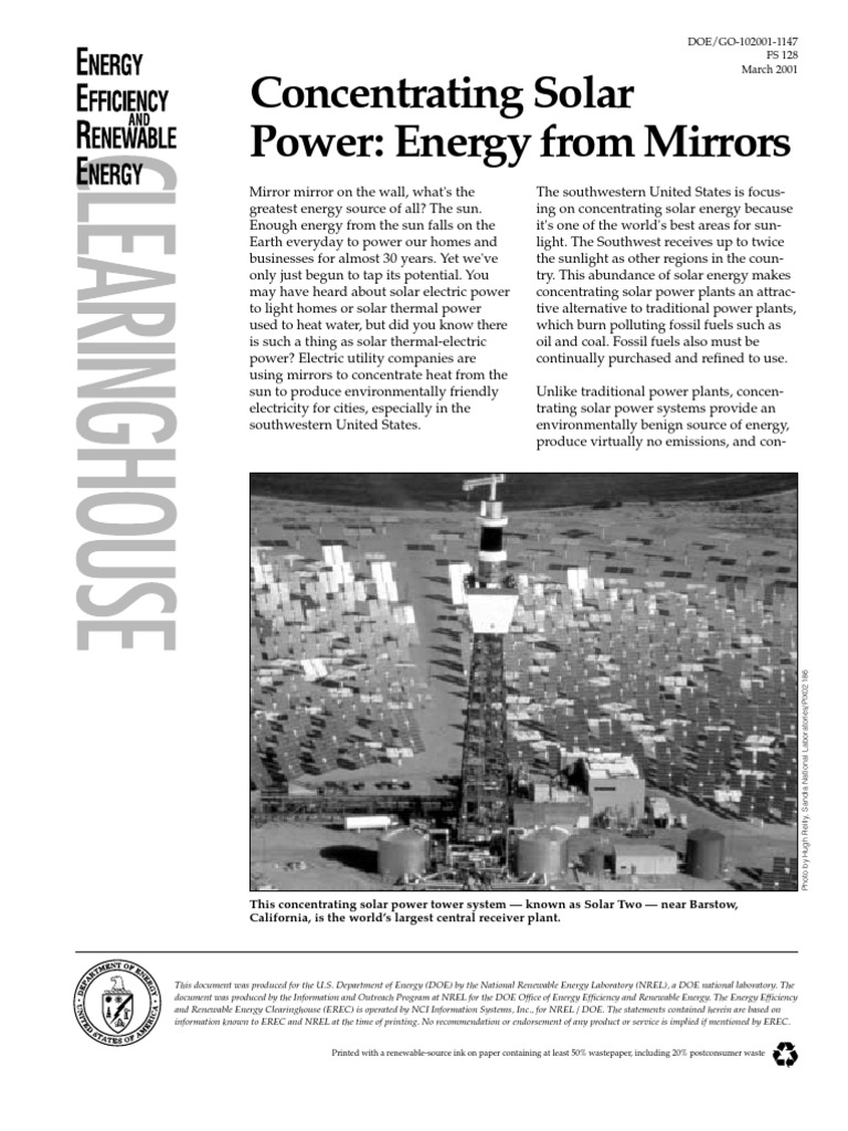 Concentrate Solar Energy by Mirrors | PDF | Solar Power | Solar Energy