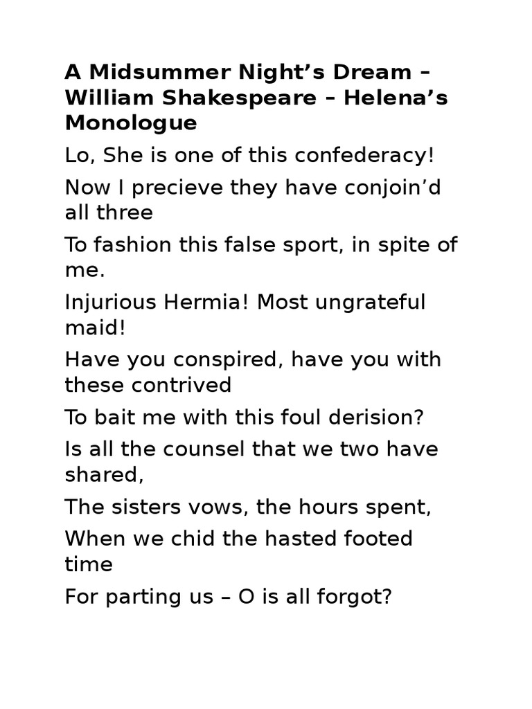 A Midsummer Night's Dream - William Shakespeare - Helena's Monologue ...