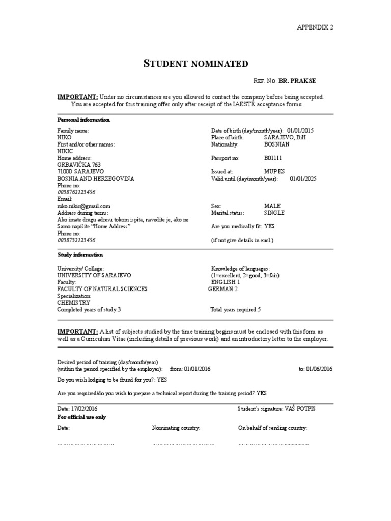 IAESTE Student Nomination Form | PDF | Career & Growth