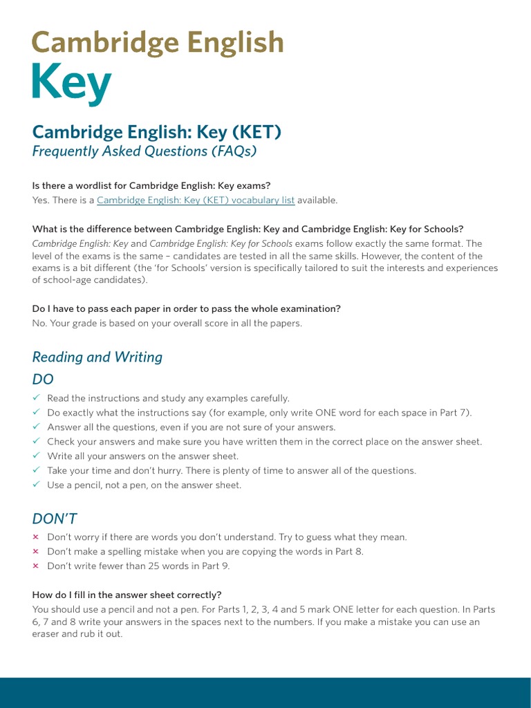 Cambridge English: Key (Ket) : Frequently Asked Questions (Faqs) | PDF ...