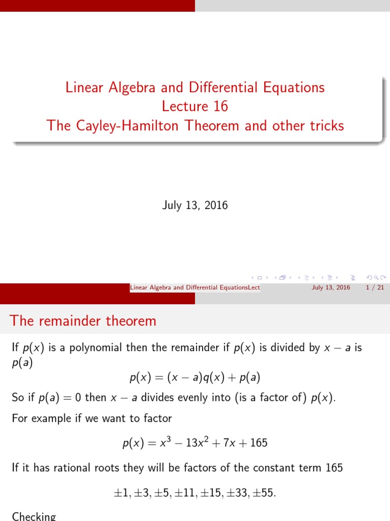 LADE17 Cayley Hamilton | PDF | Eigenvalues And Eigenvectors | Matrix ...