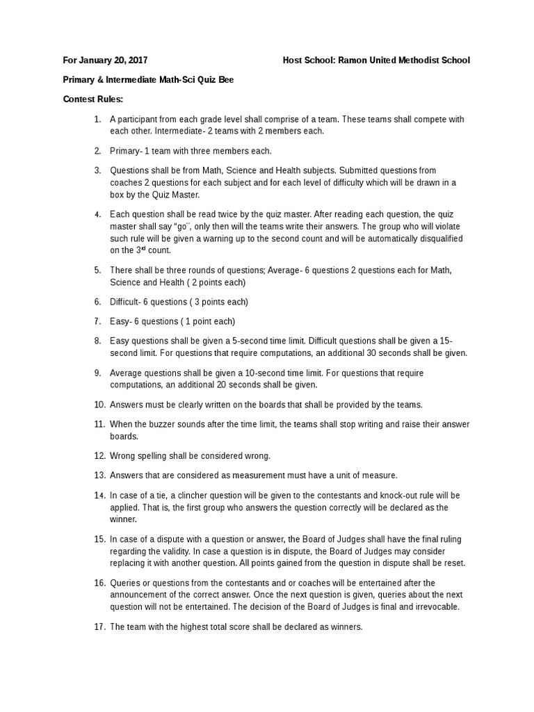 Math Science Quiz Bee and Slogan Poster Criteria | PDF | Cognition