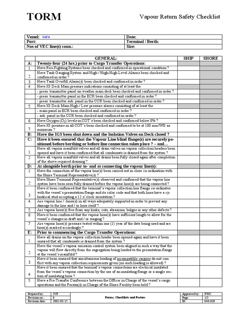 Vapour Return Safety Checklist | PDF | Valve | Mechanical Engineering