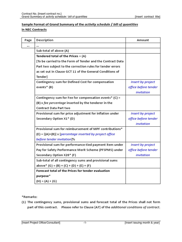 Sample Format of Grand Summary of The Activity Schedule / Bill of ...