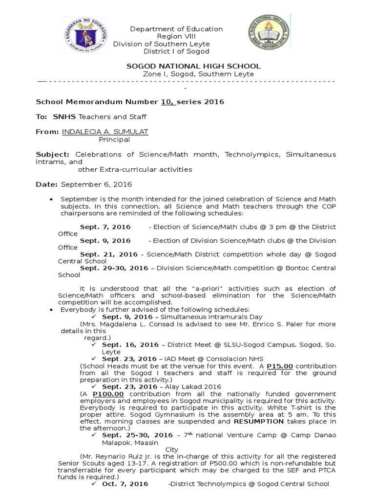 School Memorandum Number 10, Series 2016 | PDF | Science & Mathematics