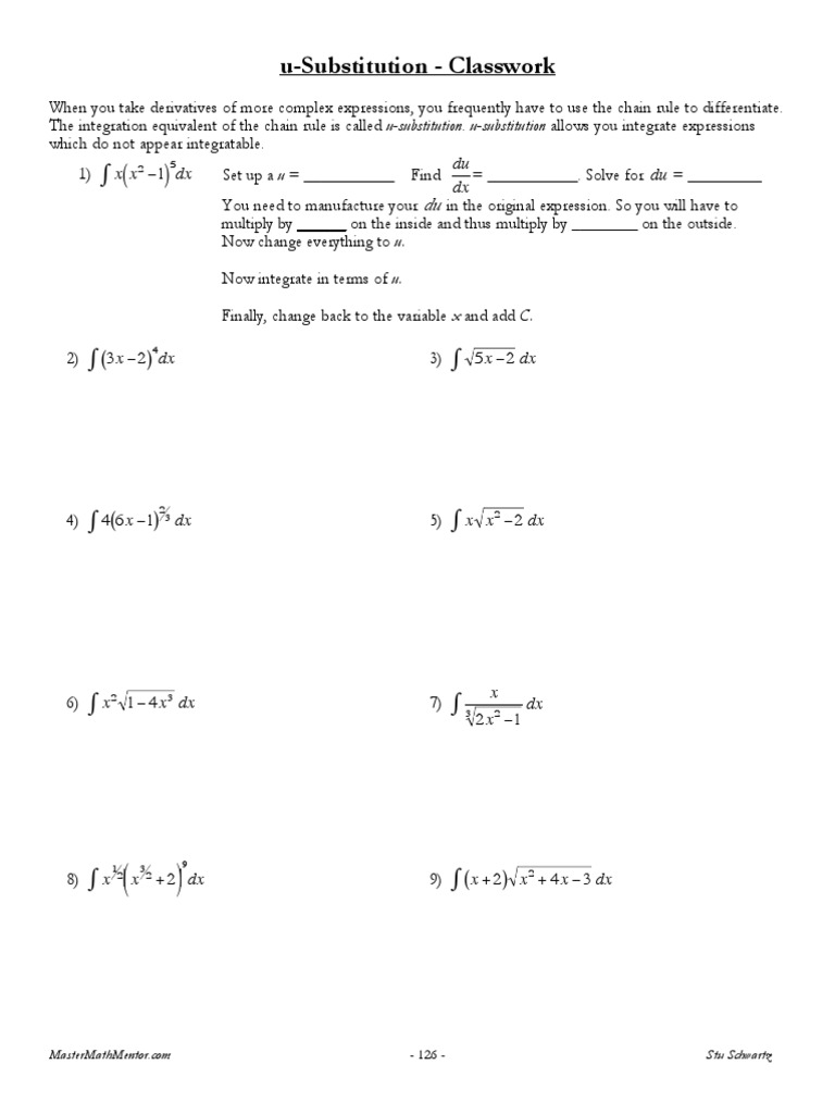 U-Substitution - Classwork: XX DX Du DX | PDF