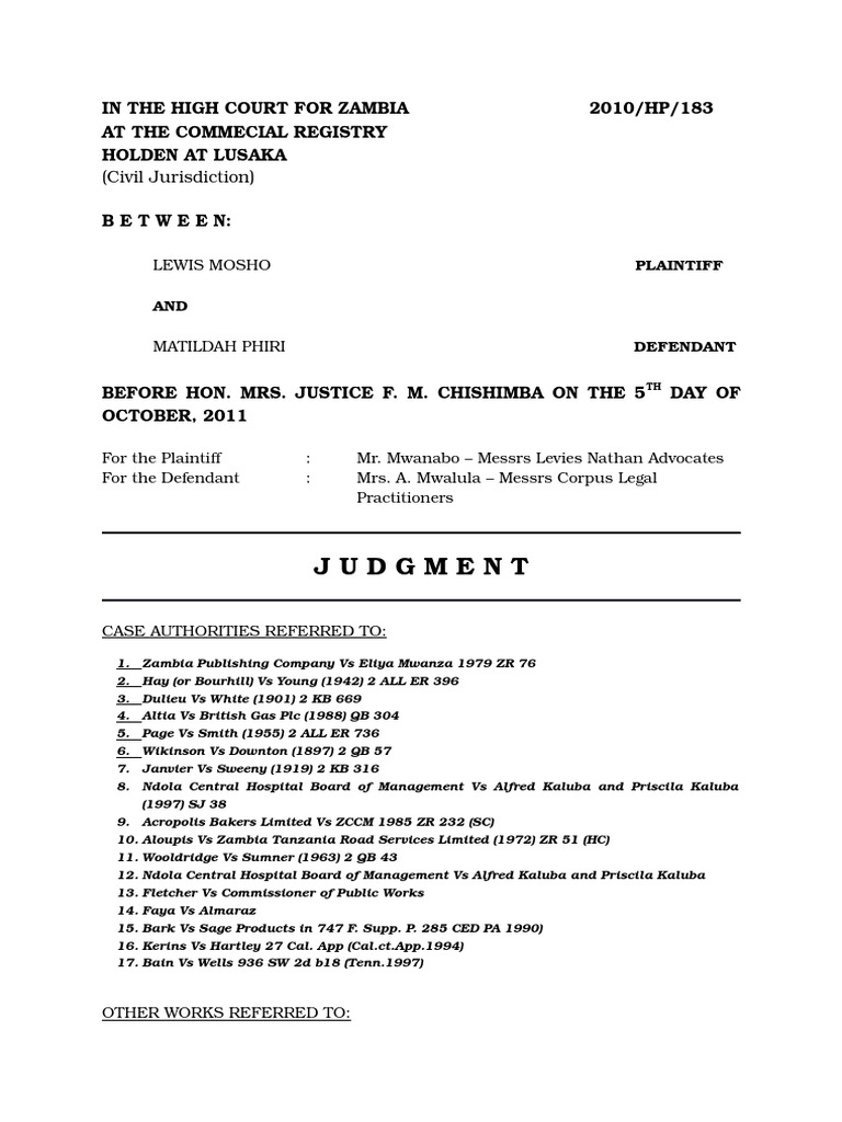 Lewis Mosho Vs Matildah Phiri | PDF | Defamation | Damages
