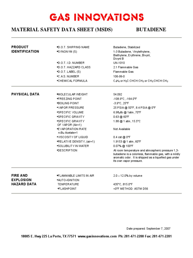 Material Safety Data Sheet (MSDS) Butadiene: Product Identification ...