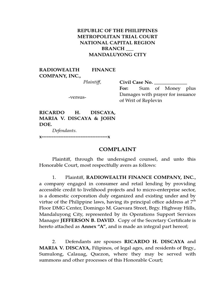 Complaint for Sum of Money plus Damages with Prayer for Writ of ...