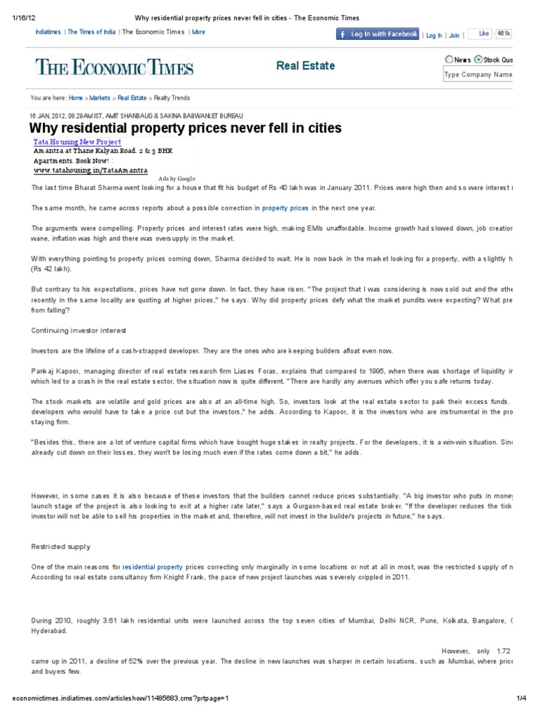Why Residential Property Prices Never Fell in Cities The Economic Times ...