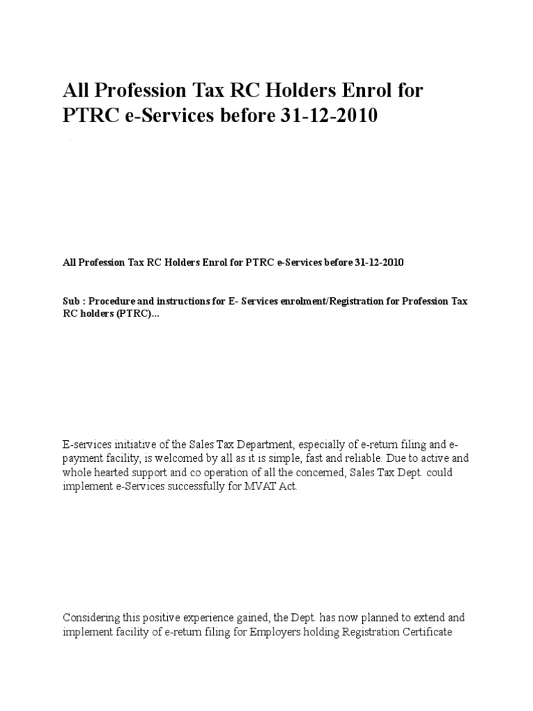 All Profession Tax RC Holders Enrol For PTRC e | PDF | Password | Value ...