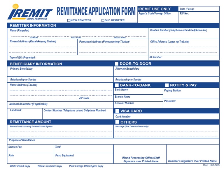 Remittance Application Form: Iremit Use Only | PDF