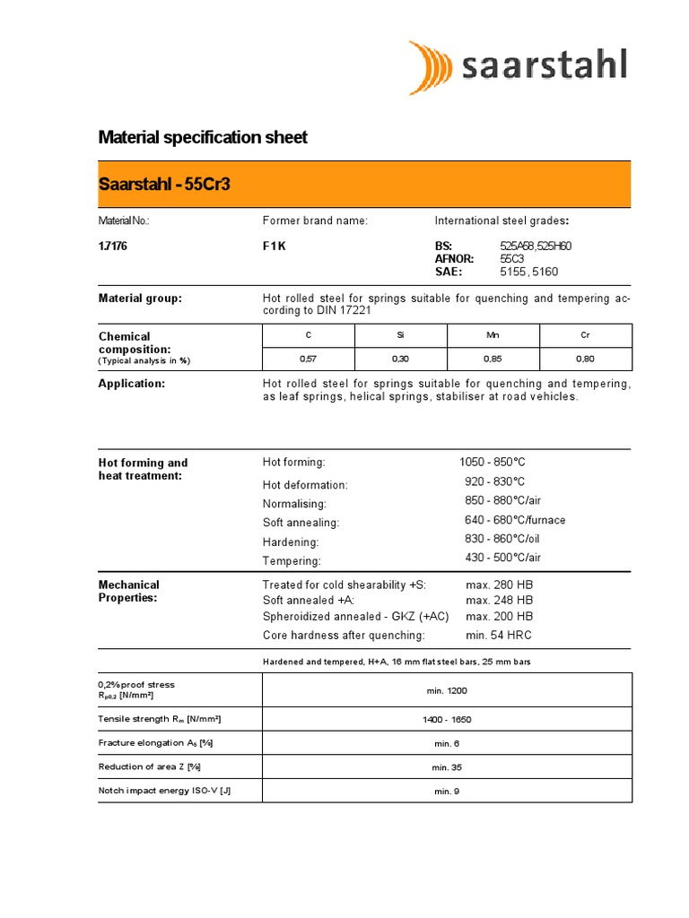 55Cr3 Steel Material Specification Sheet | PDF | Technology & Engineering
