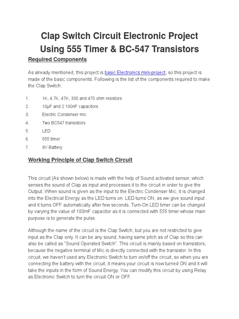 Clap Switch Circuit Electronic Project Using 555 Timer | PDF ...