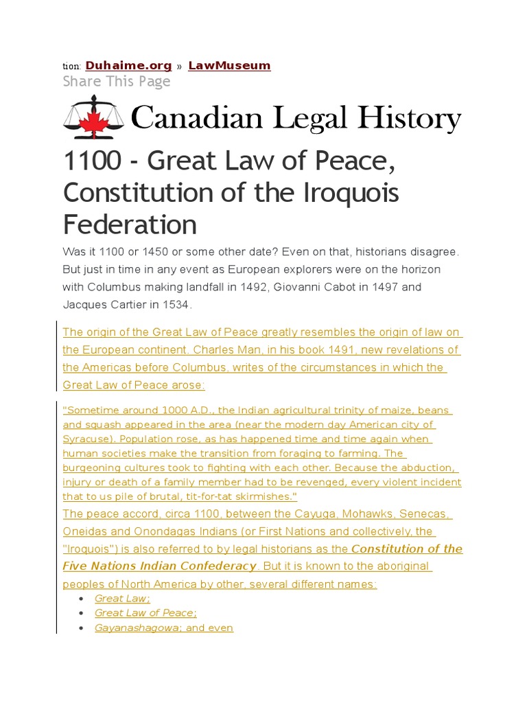 1100 - Great Law of Peace, Constitution of The Iroquois Federation ...
