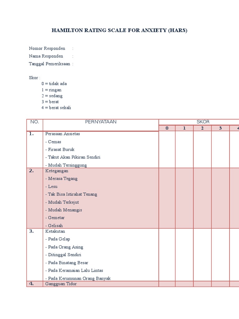 Hamilton Rating Scale For Anxiety | PDF