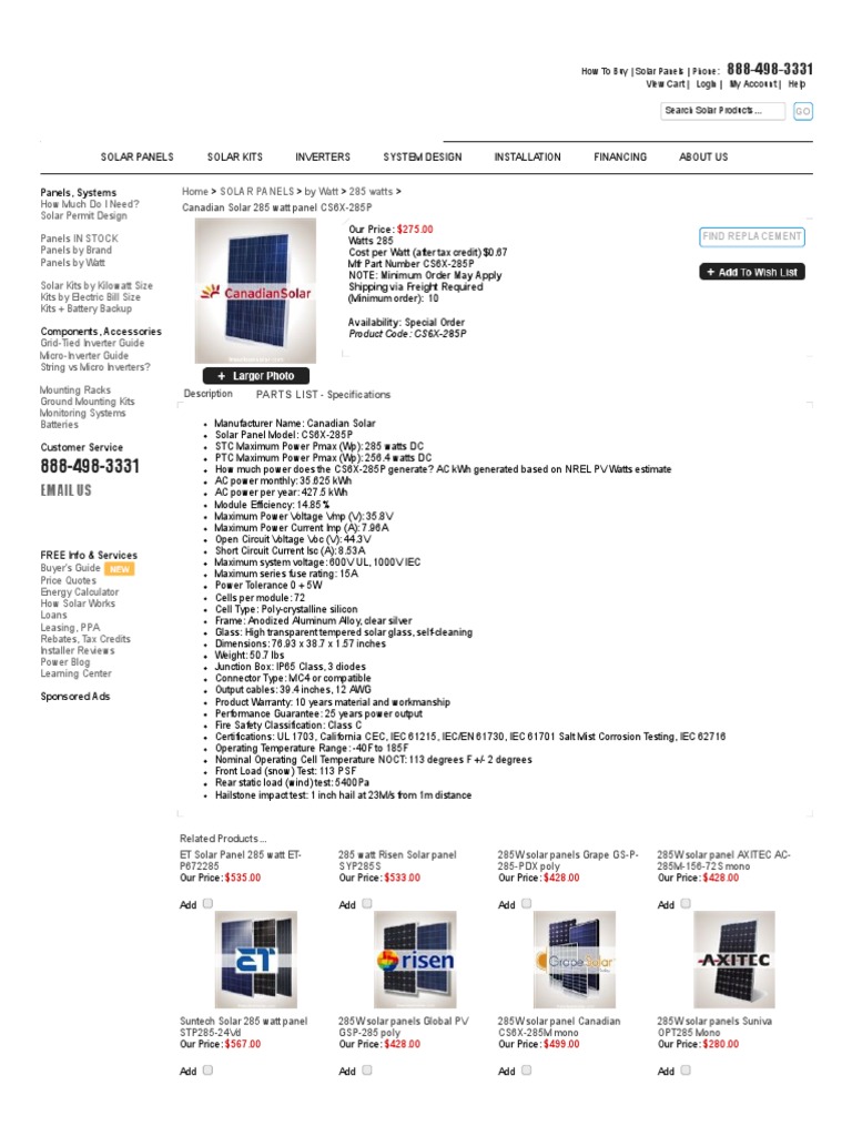 Canadian Solar 285 Watt Panel CS6X-285P | PDF | Solar Panel | Power ...