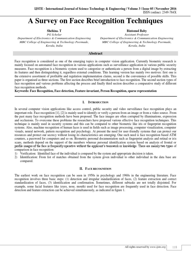 A Survey On Face Recognition Techniques | PDF | Biometrics | Computer ...