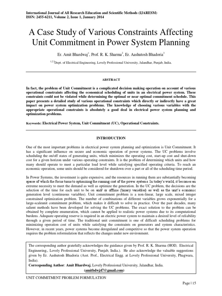 A Case Study of Various Constraints Affecting Unit Commitment in Power System Planning | PDF ...