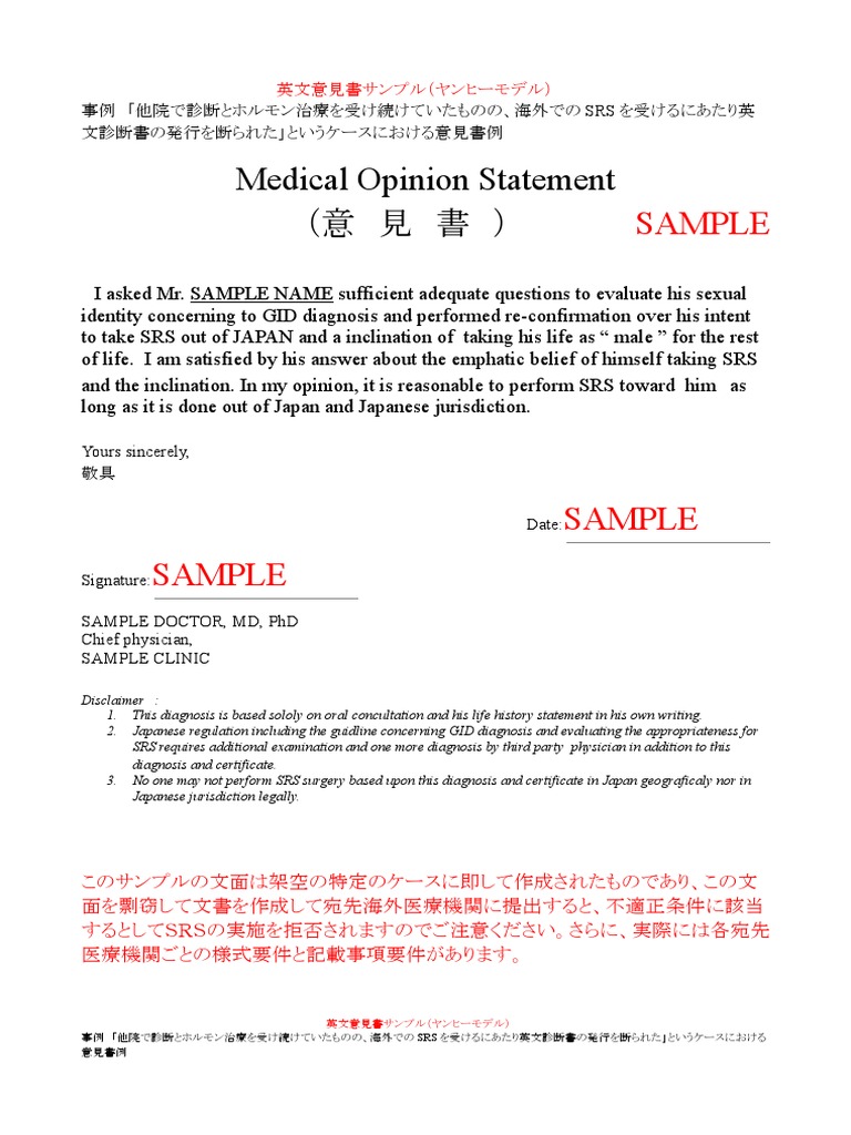 Sample: Medical Opinion Statement （意 見 書 ） | PDF
