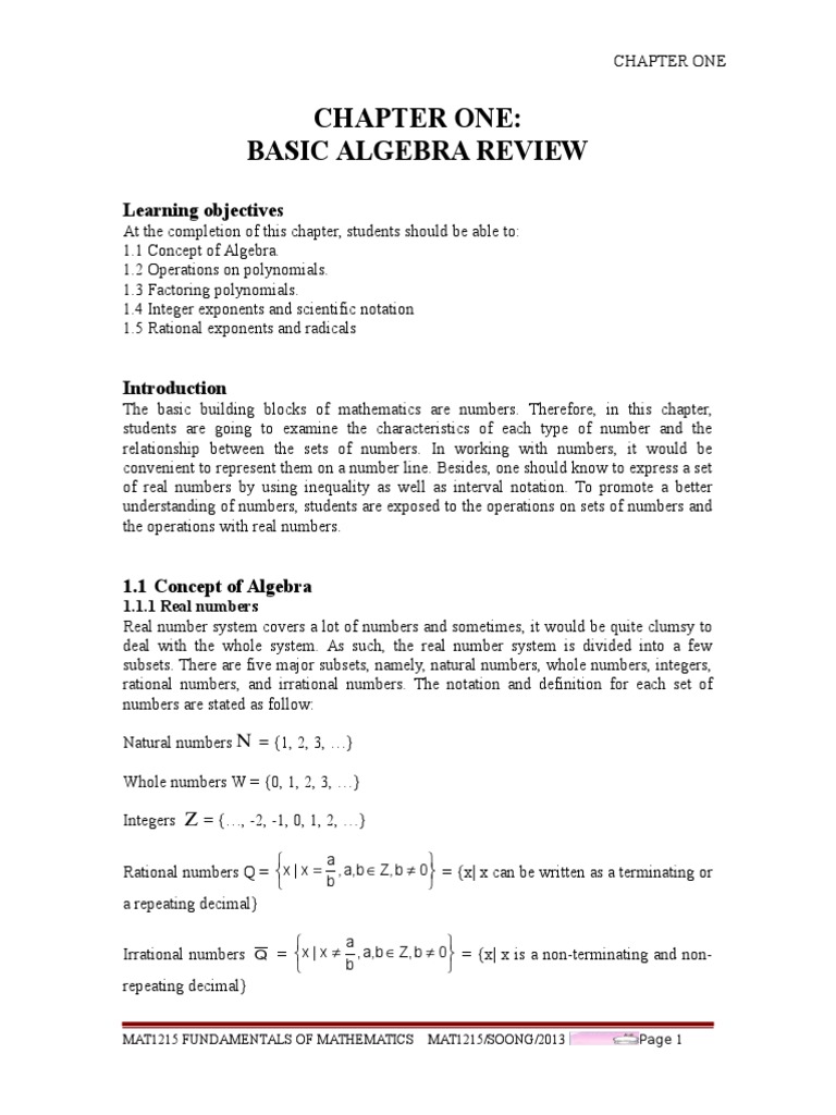 Chapter 1 Basic Algebra Review MAT1215 Soong | PDF | Numbers | Polynomial