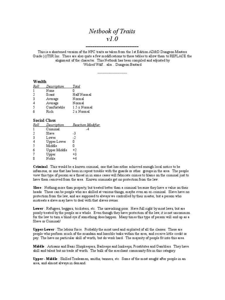 AD&D Netbook NPC Traits & Tendencies | PDF | Crime & Violence | Crime ...