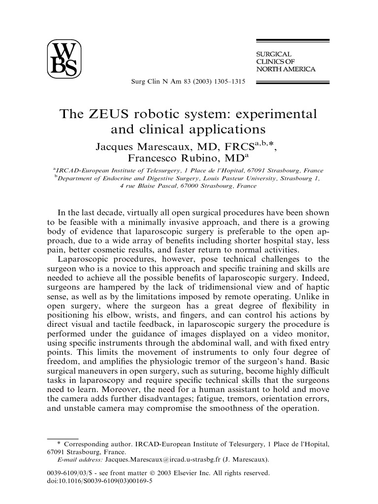 The ZEUS Robotic System: Experimental and Clinical Applications | PDF ...