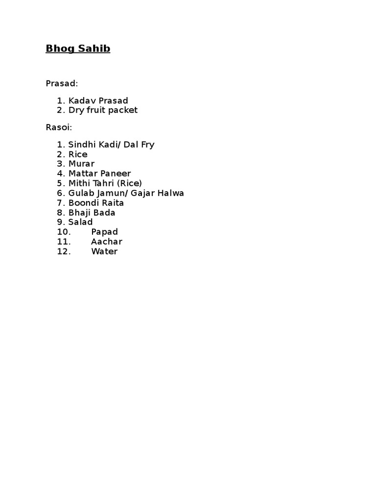 Bhog Sahib Prasad and Menu Details | PDF