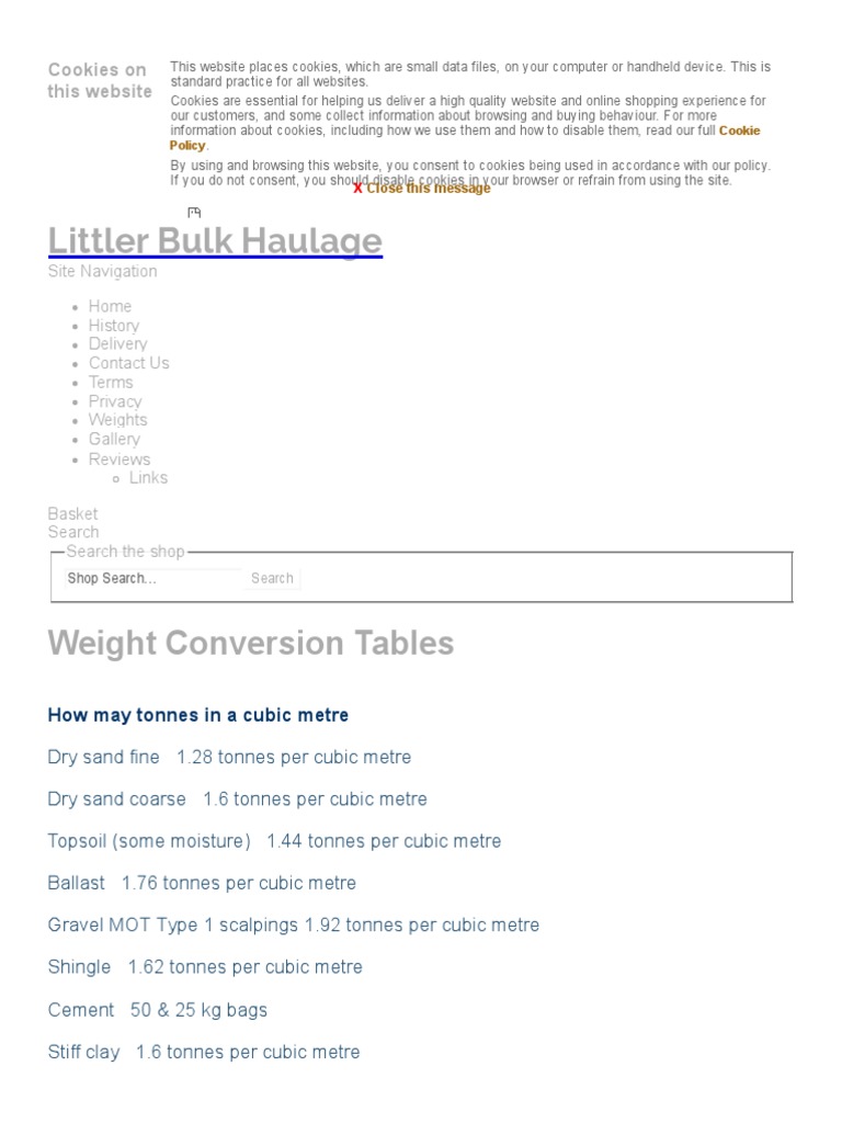 Weight Conversion Tables Tonnes Per Cubic Metre | PDF