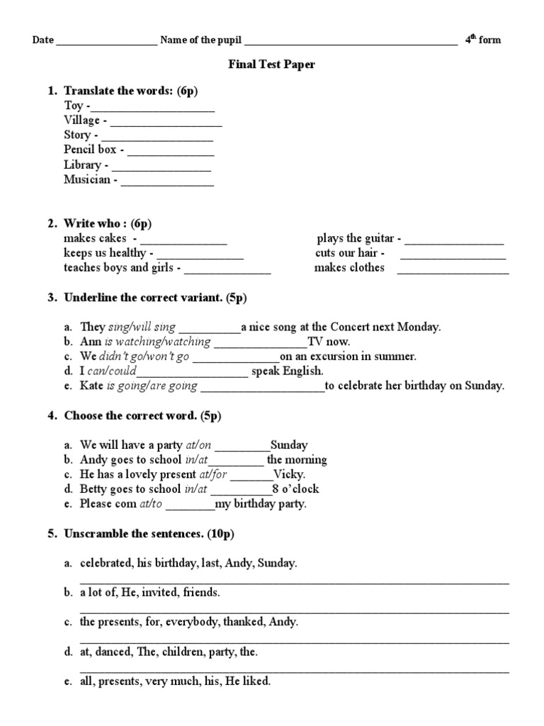 Final Test Paper 4th Form 2016 | PDF