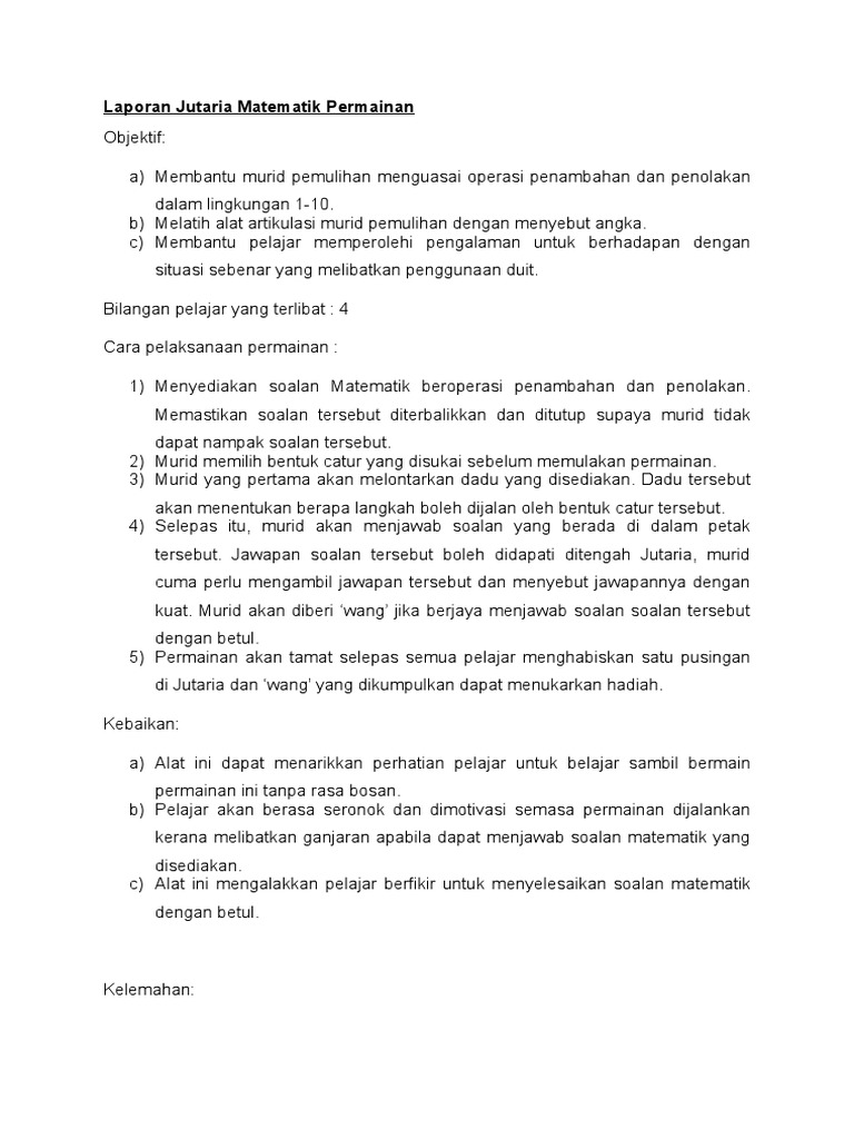 Jutaria Matematik Permainan | PDF | Game & Aktivitas | Metode & Bahan Ajar