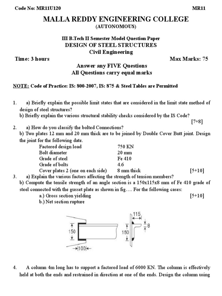 Design of Steel Structures Model Question Paper B.tech, III-II Semester ...