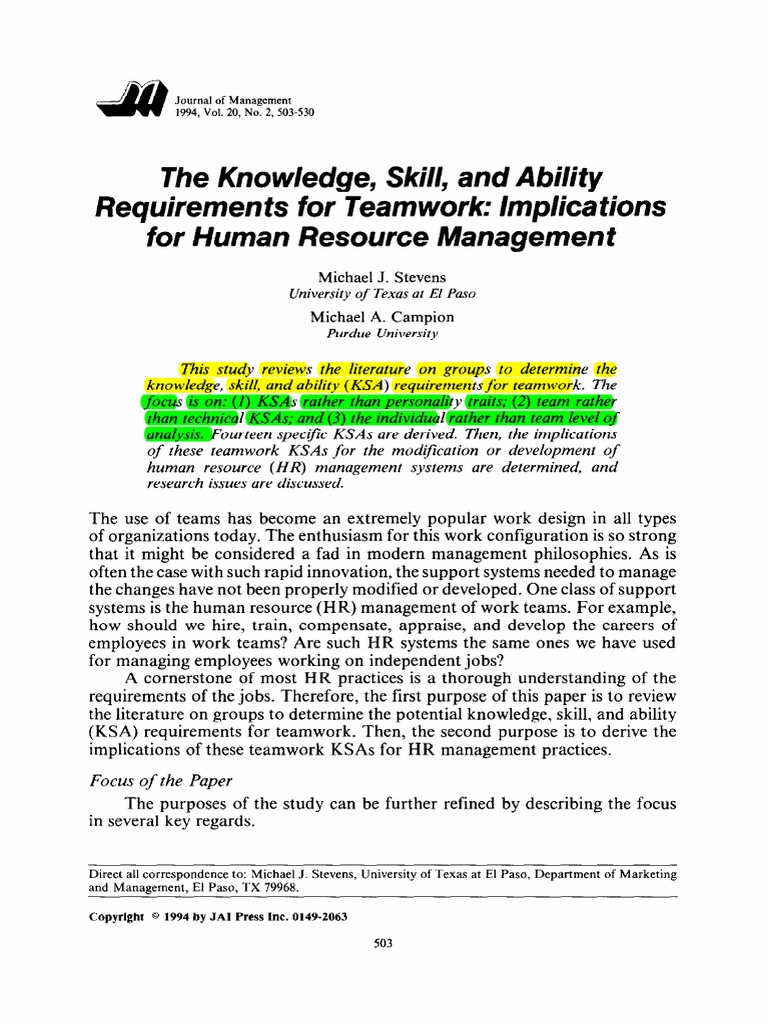 Stevens-The Knowledge, Skill and Ability Requirements For Teamwork ...