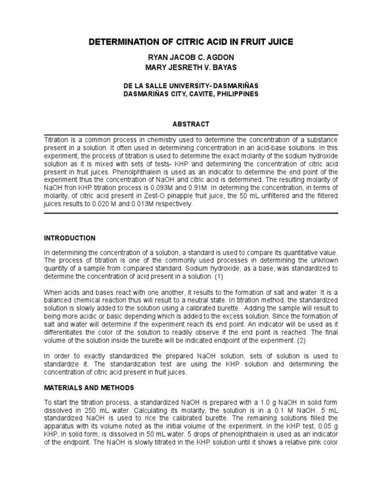 Determination Citric Acid in Fruit Juice | PDF | Molar Concentration ...