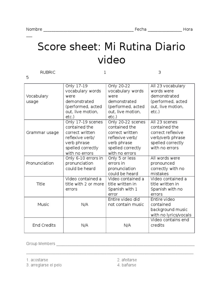 Daily Routine Video Scoring Rubric | PDF