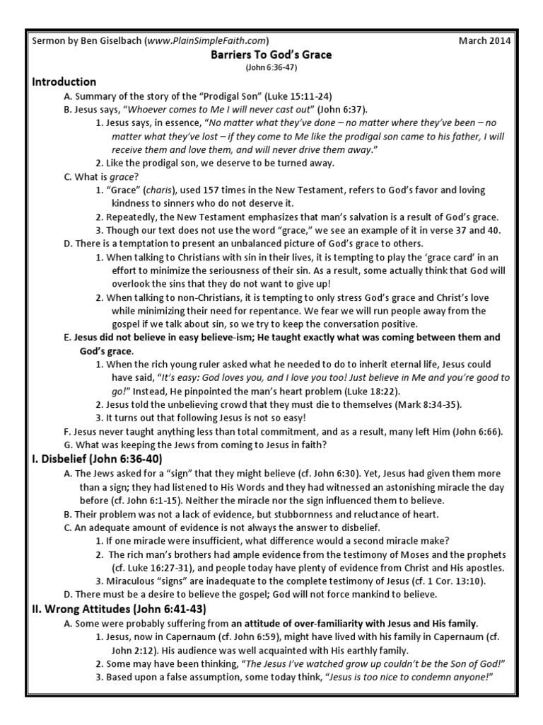 Barriers To Grace | PDF | Grace In Christianity | Sin