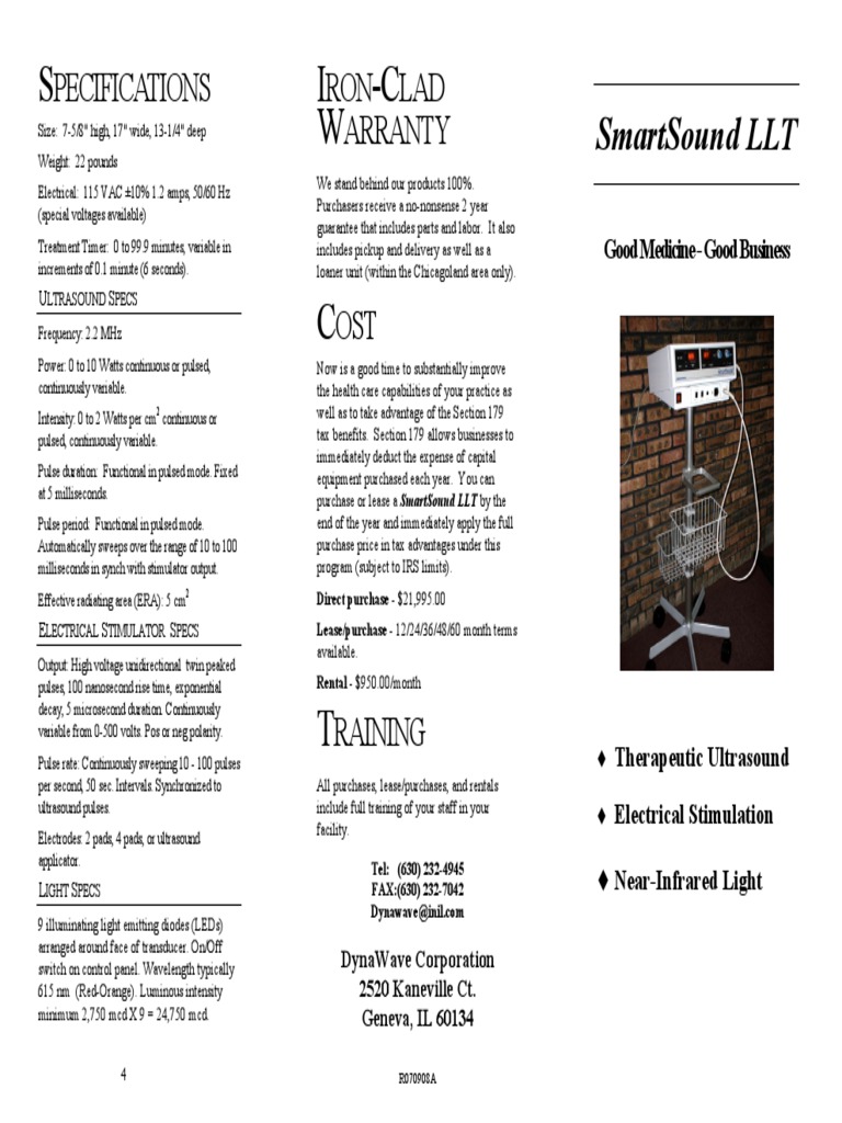 SmartSound LLT Therapy Device Specs | PDF | Ultrasound | Myofascial ...