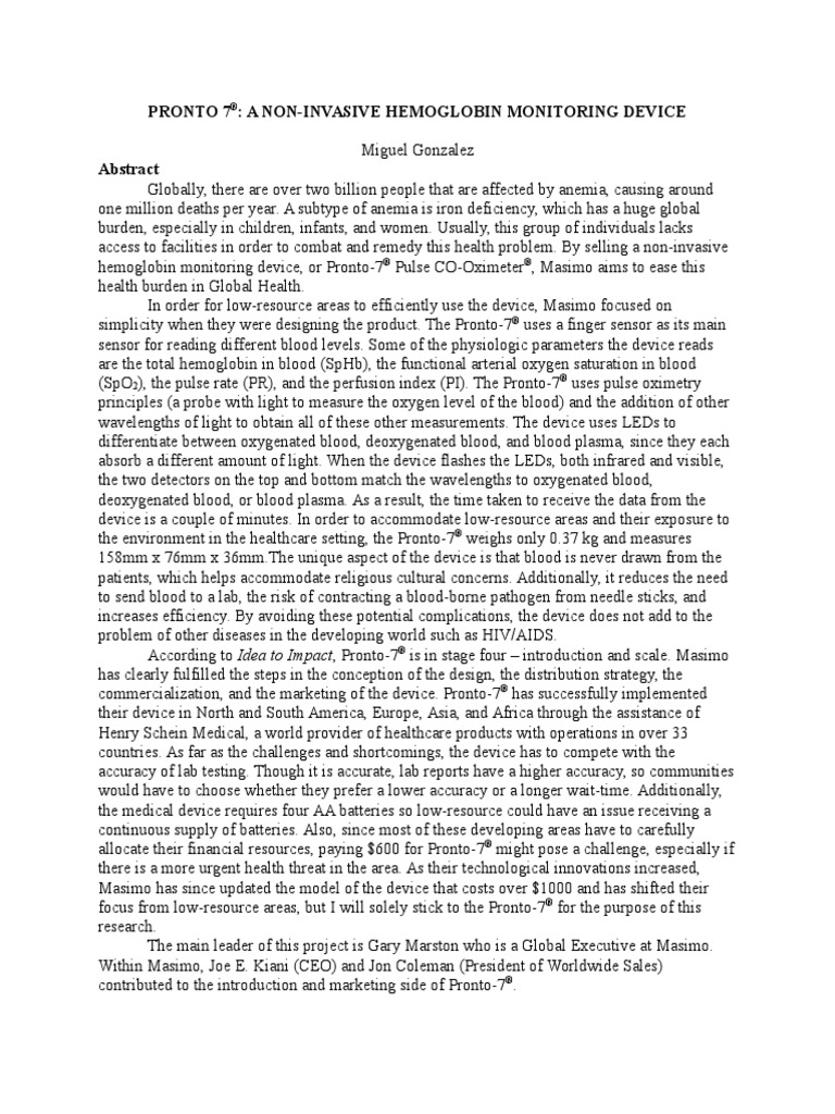 Pronto 7: A Non-Invasive Hemoglobin Monitoring Device | PDF | Medicine ...
