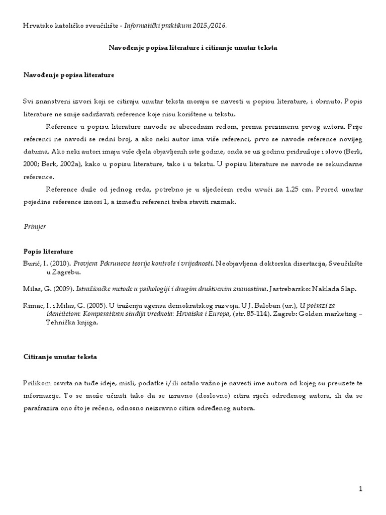 Navođenje Popisa Literature I Citiranje Unutar Teksta | PDF