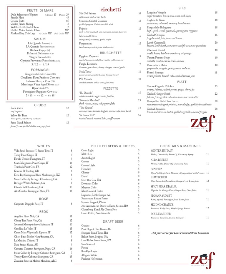 Zef Cicchetti & Raw Bar Menu | PDF | Cuisine | Foods