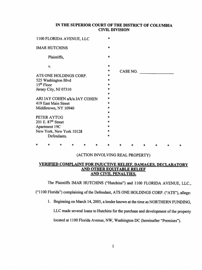 Verified Complaint For Injuctive Relief Damages Declaratory and Otther Equitable Relief and ...