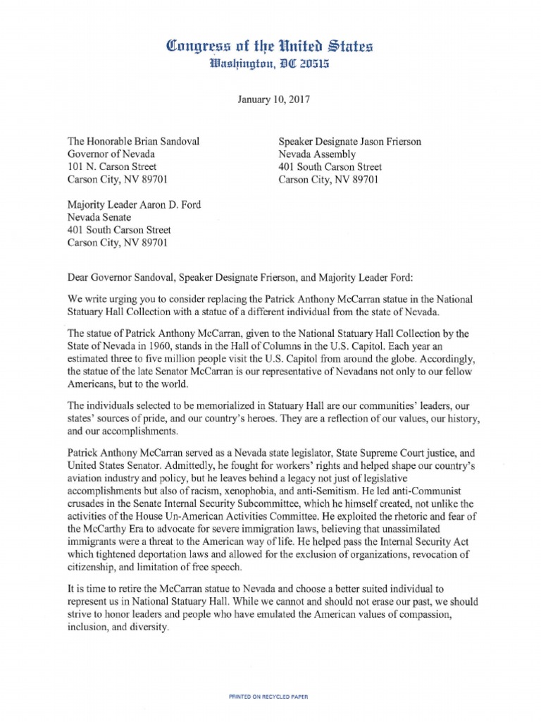 McCarran Statue Letter | PDF