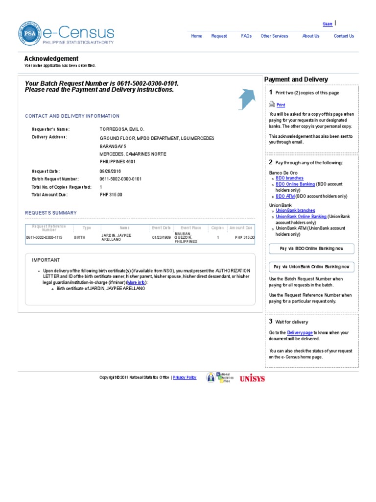 Jardin, Jaypee Arellano - Nso Birth Certification Request | PDF