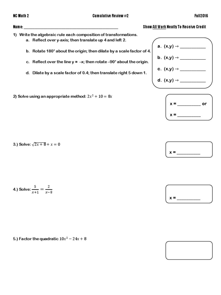 NC Math 2 Cumulative Review 2 | PDF | Quadratic Equation | Elementary ...