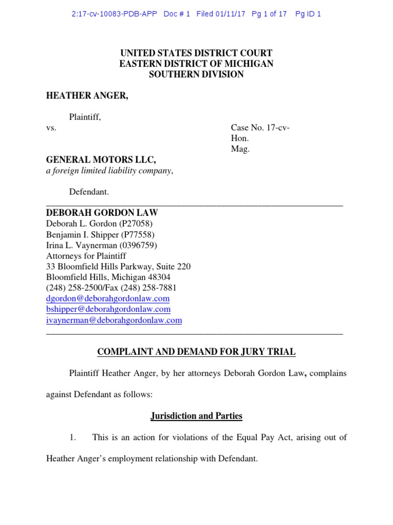 Heather Anger vs. GM Complaint | PDF | General Motors | Damages