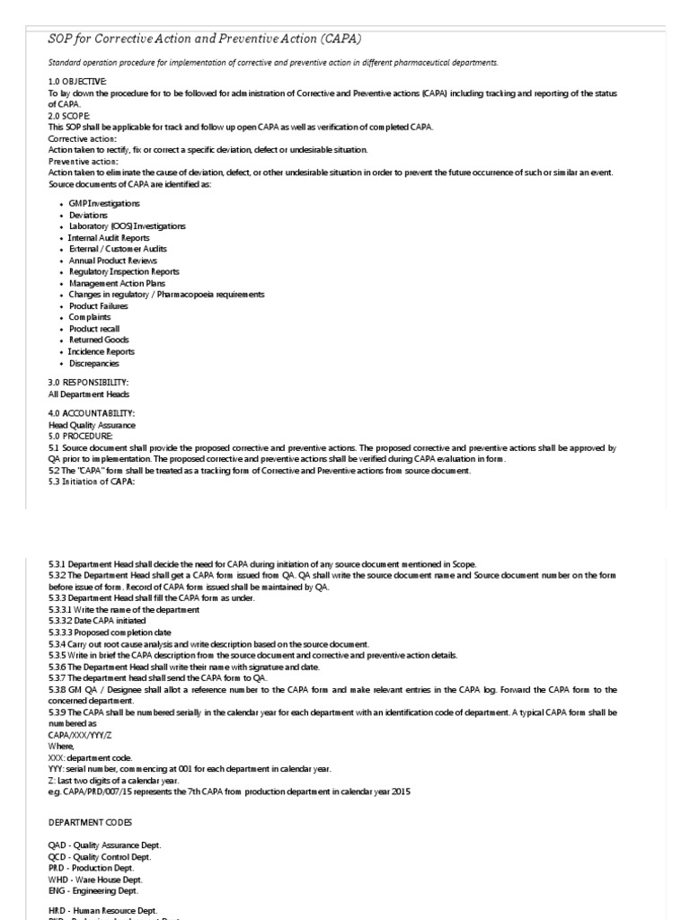 SOP For Corrective Action and Preventive Action (CAPA) | PDF | Quality ...