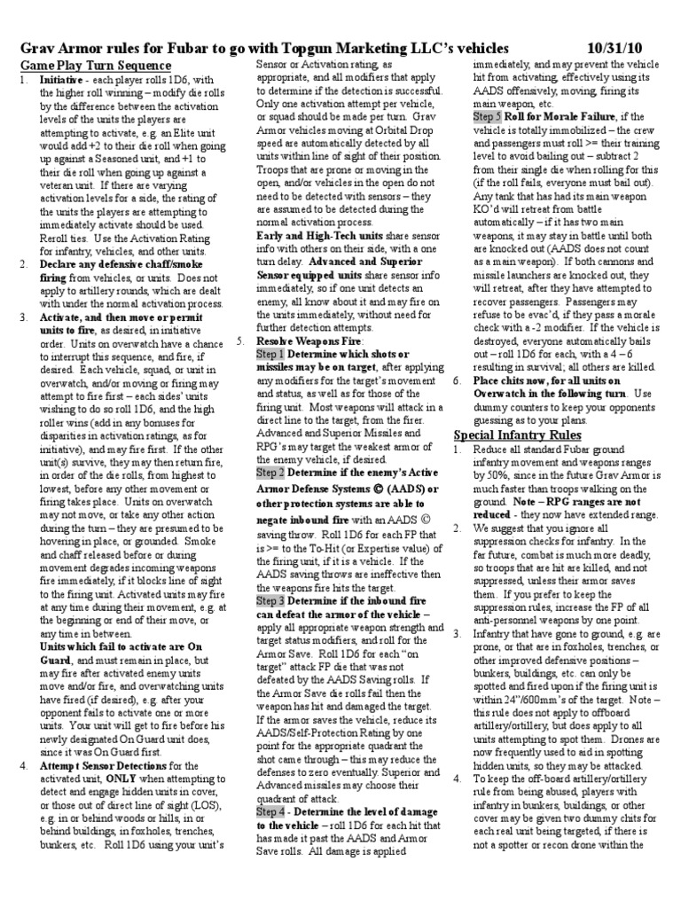 Grav Armor Rules for Fubar Wargame | PDF | Rocket Propelled Grenade ...