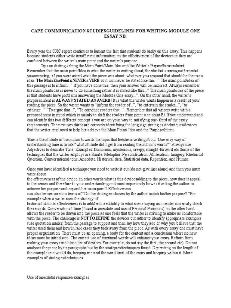 Cape Communication Studiesguidelines For Writing Module One Essaynb ...