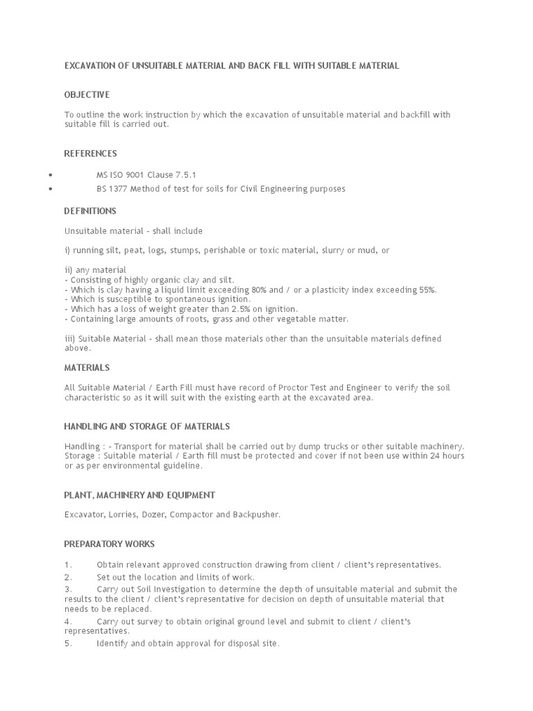 Excavation of Unsuitable Material and Back Fill With Suitable Material ...